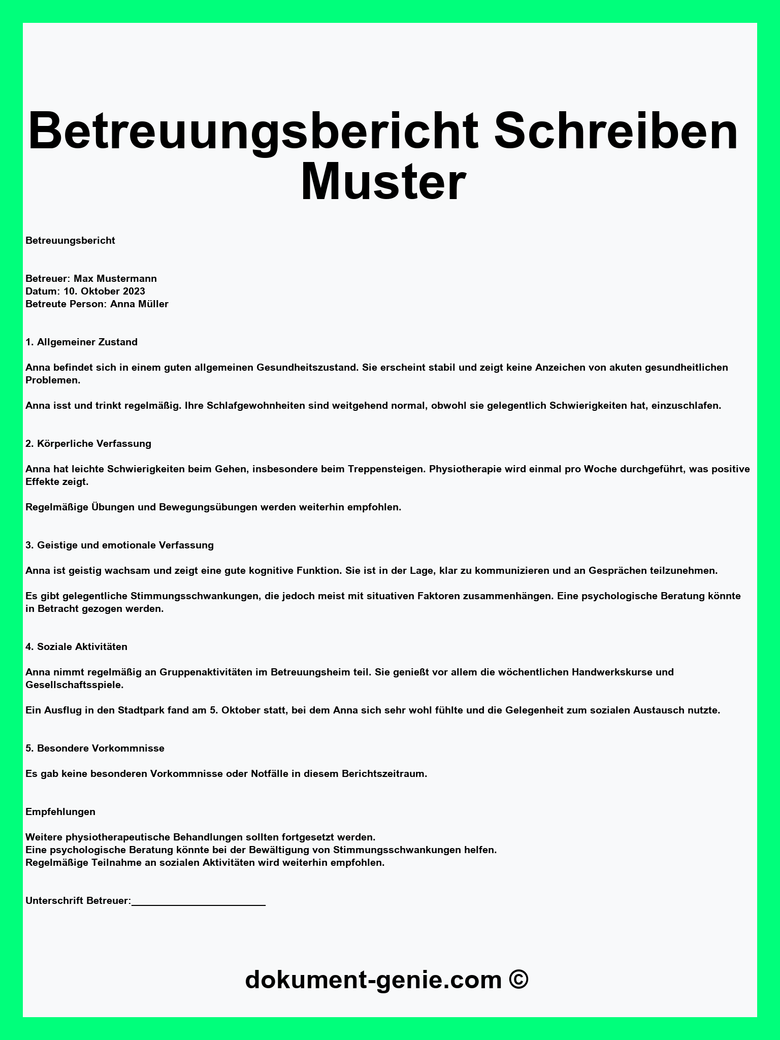 Betreuungsbericht Schreiben Muster - Word - PDF