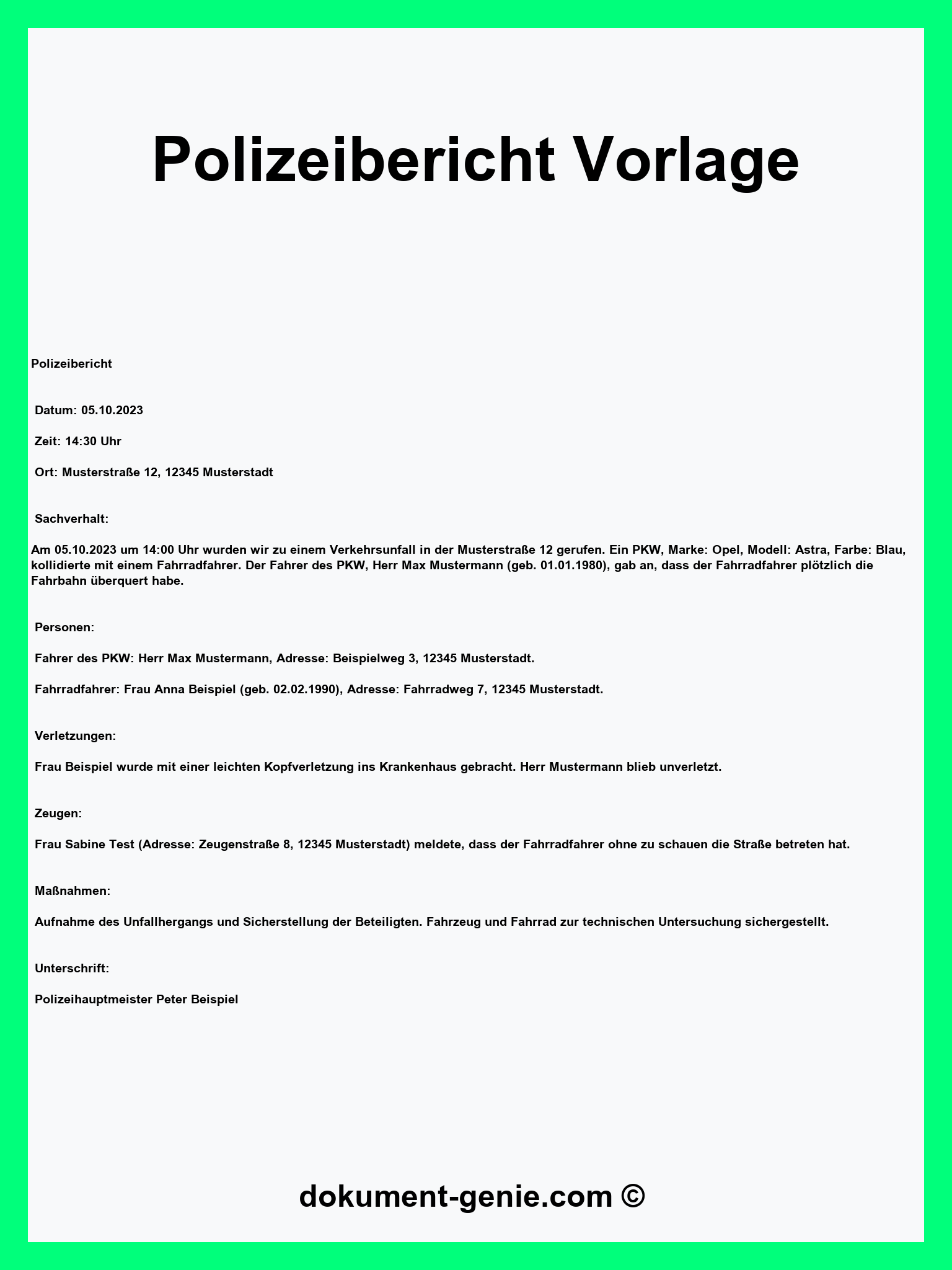 Polizeibericht Vorlage - PDF - Word
