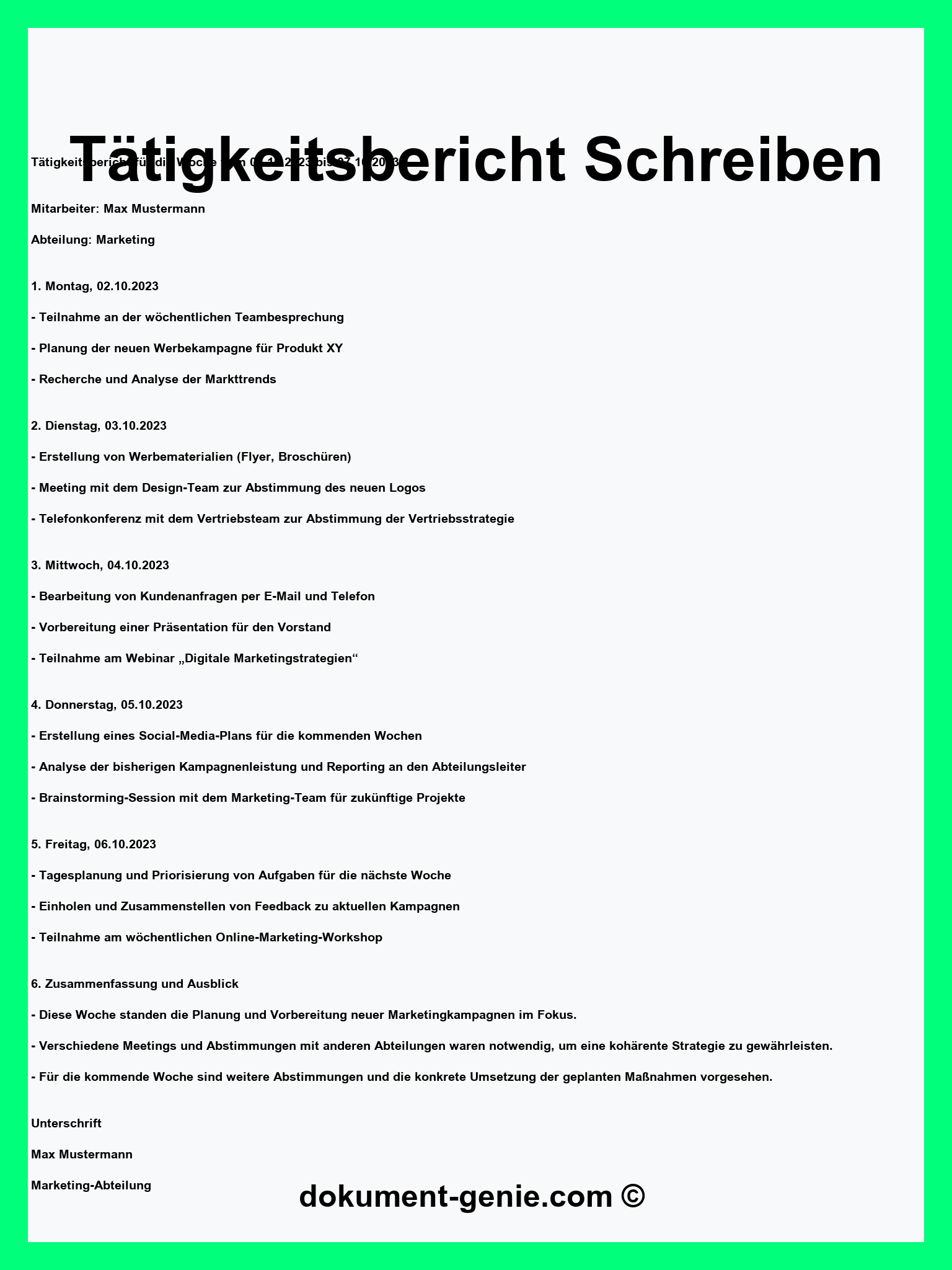 Tätigkeitsbericht Schreiben - Word - PDF