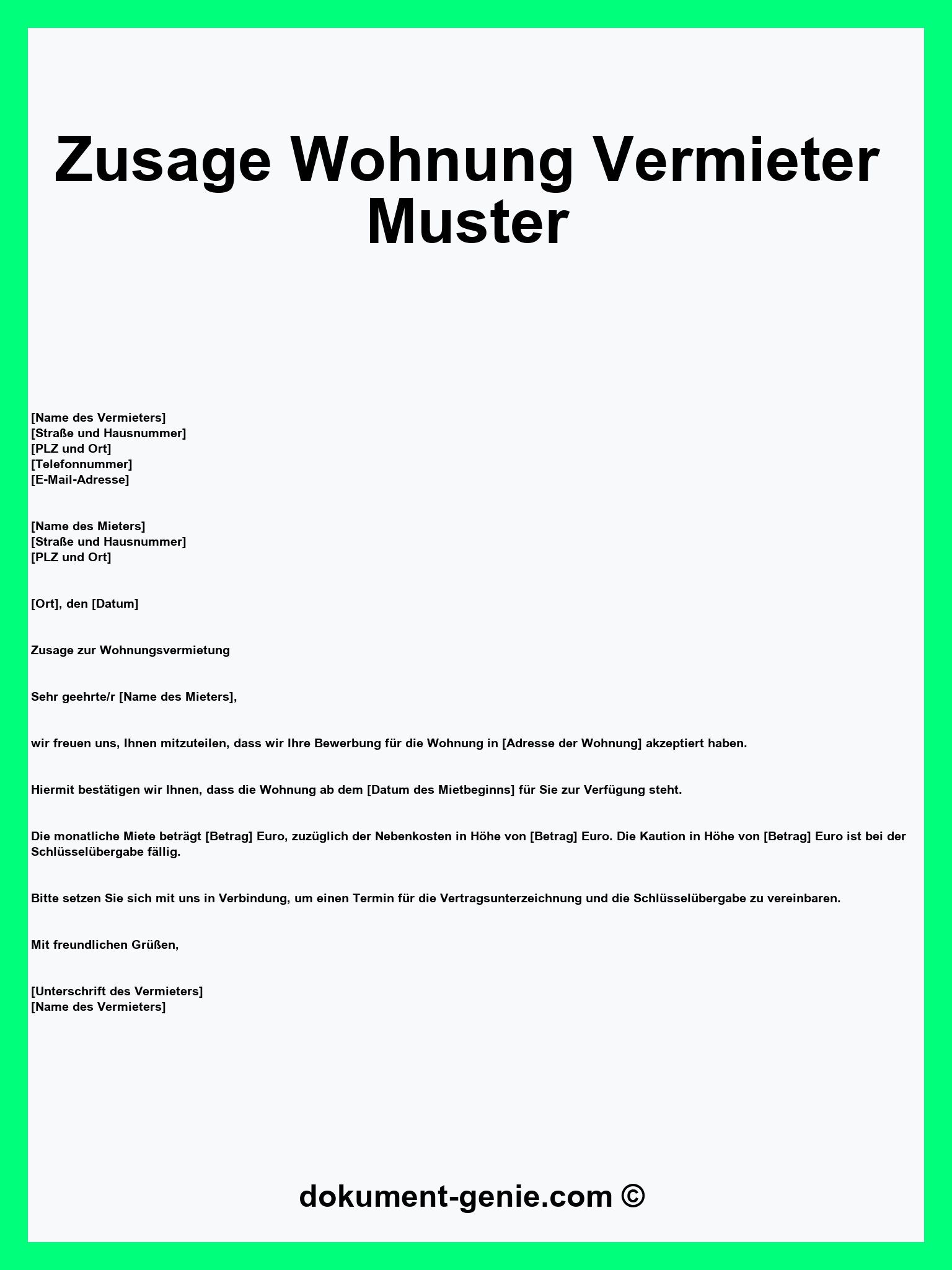 Zusage Wohnung Vermieter Muster - PDF - Word